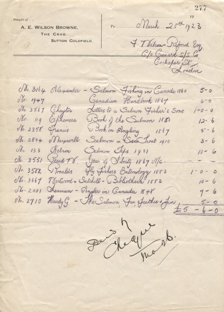 Invoice For Books On Salmon Fishing Of Robert W Reford Fish Stories