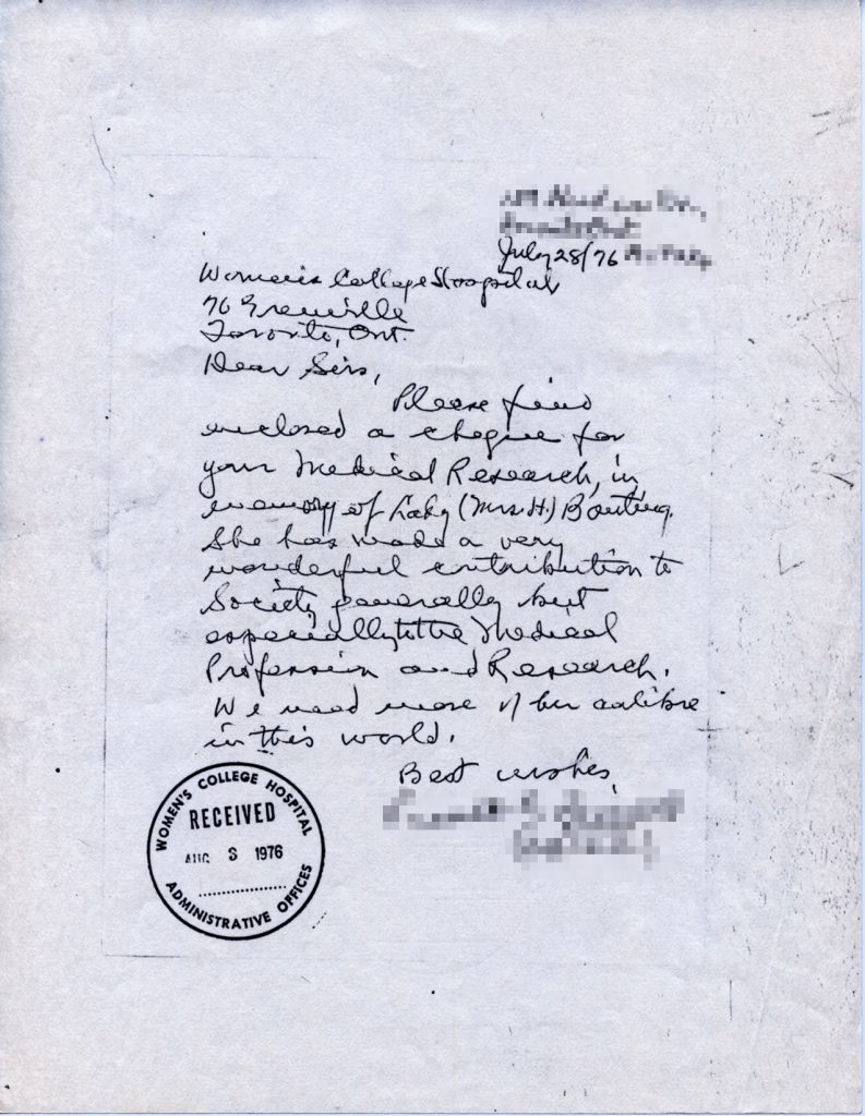 Donor Letter in Memory of Dr. Henrietta Banting | Women in Medical ...